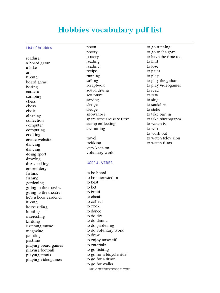 Hobbies Vocabulary List | PDF