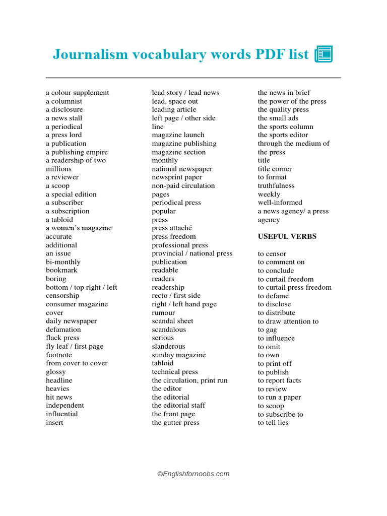 Journalism vocabulary list | PDF | Magazines | Newspapers