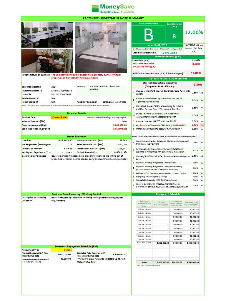 Factsheet Moneysave P2P Malaysia MYBTF-2309001141 Property B 12% 230912 | PDF | Investing ...