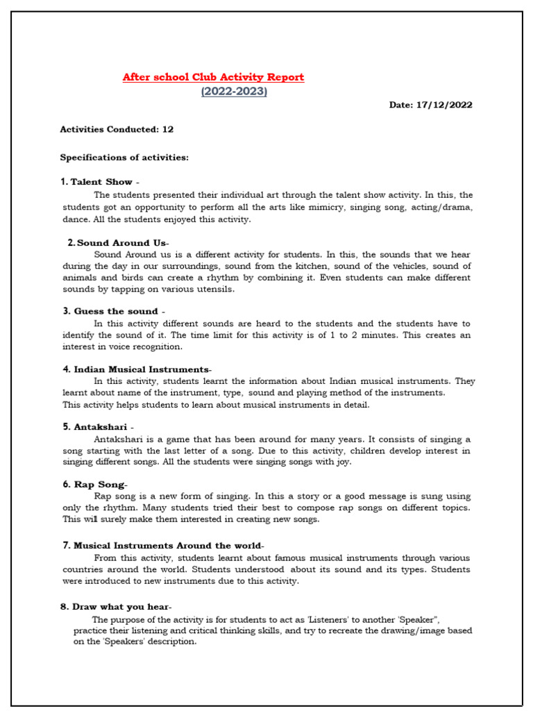 Music & More Club Report | PDF | Dances | Singing