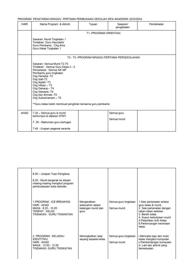 PROGRAM MINGGU PERTAMA PERSEKOLAHAN - Contoh | PDF