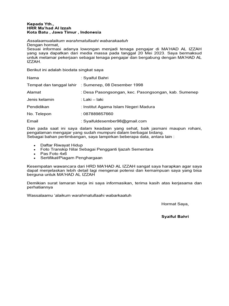 Surat Lamaran Syaiful Bahri | PDF | Karier & Perkembangan