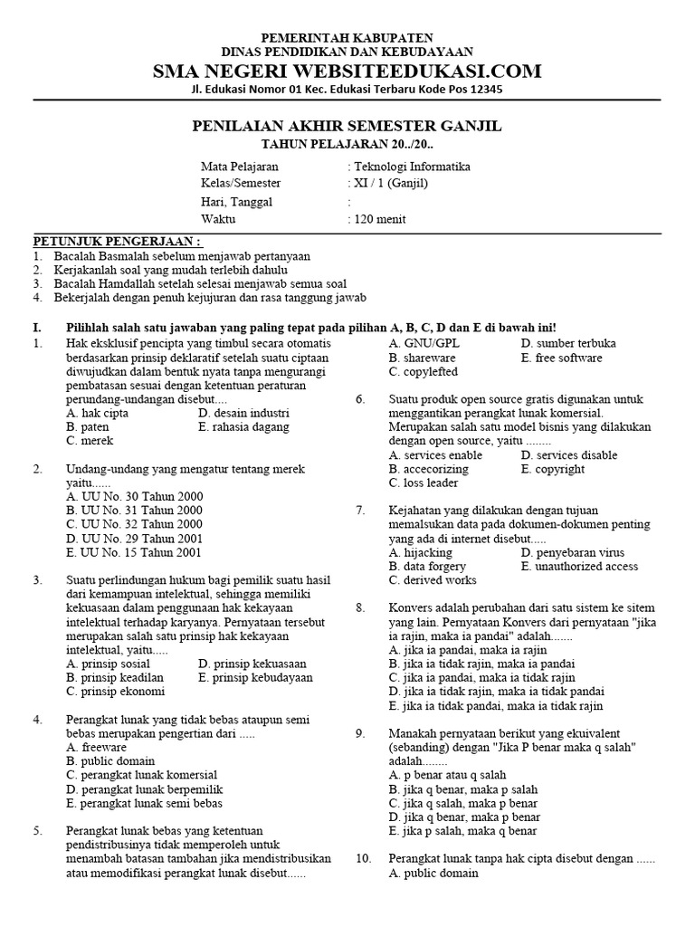 Soal PAS Informatika Kelas XI | PDF