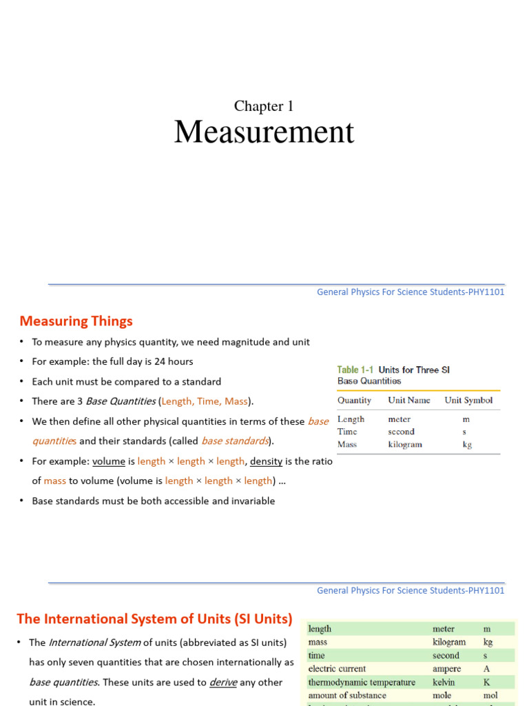 PHY1101 - Chapter 1 | PDF | Kilogram | Mass