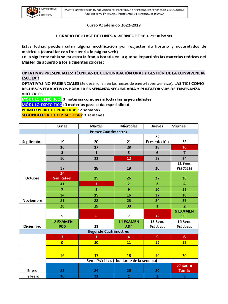 Horario Calendario Máster 2022-2023 | PDF