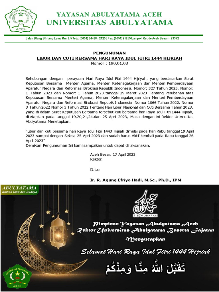 Pengumuman Libur Lebaran 2023 | PDF