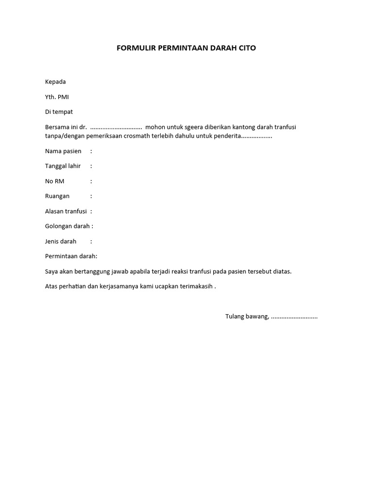 Formulir Permintaan Darah Cito | PDF
