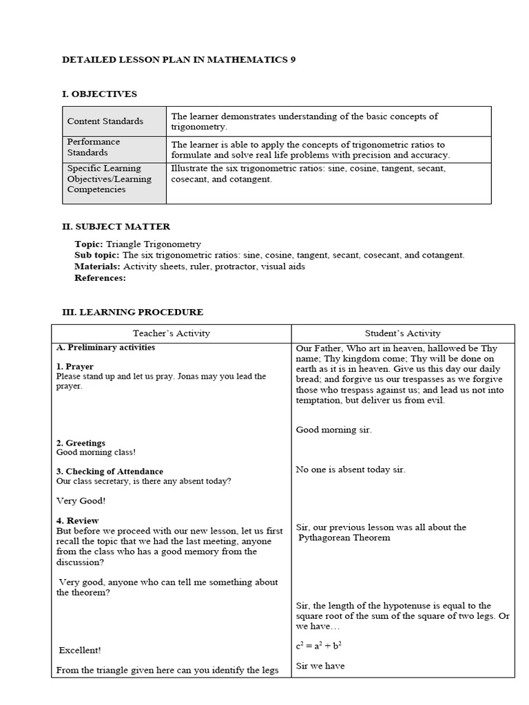 Trigonometry Ratios Lesson Plan | PDF | Trigonometric Functions ...