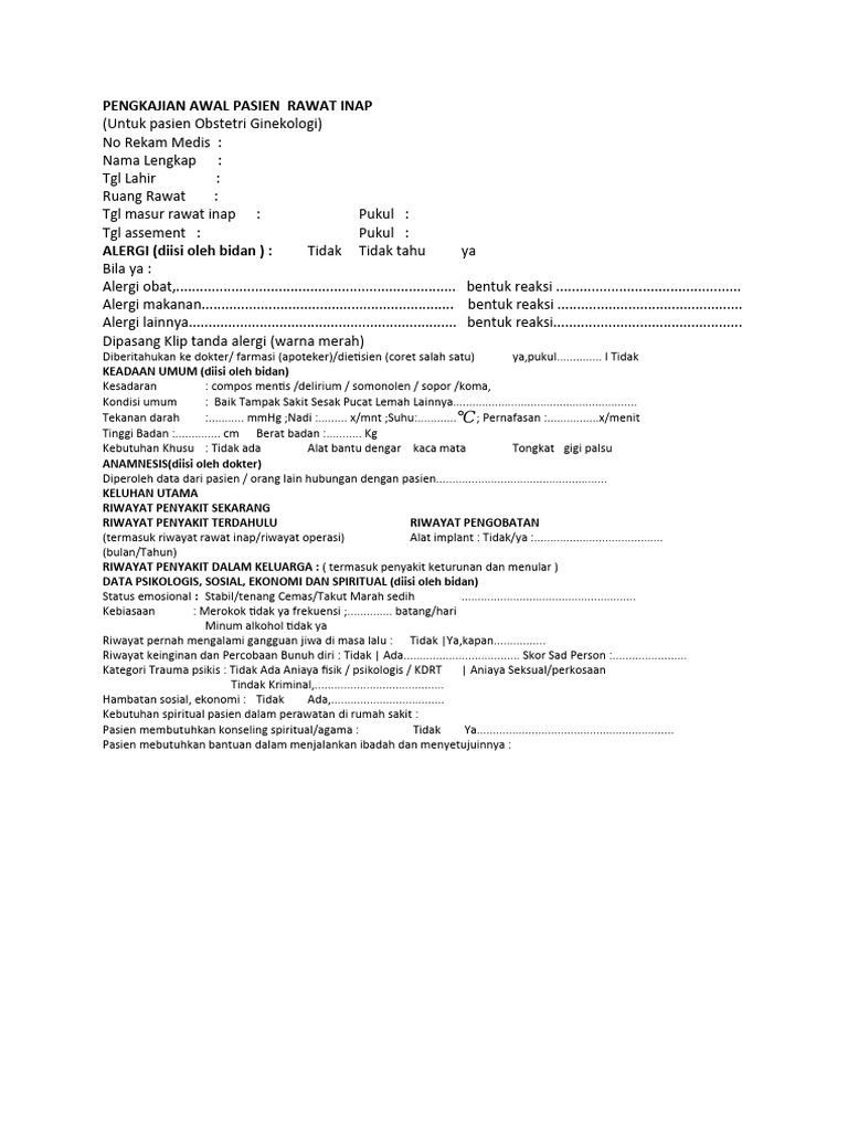 PENGKAJIAN AWAL PASIEN RAWAT INAP Obgyn | PDF