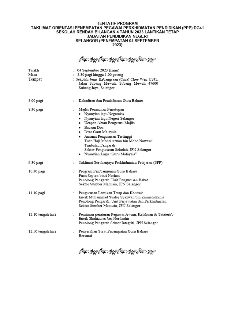 06 Tentatif Program Majlis Taklimat Dan Orientasi PPP DG41 4 Sep 2023 | PDF 06 Tentatif Program Majlis Taklimat Dan Orientasi PPP DG41 4 Sep 2023 | PDF