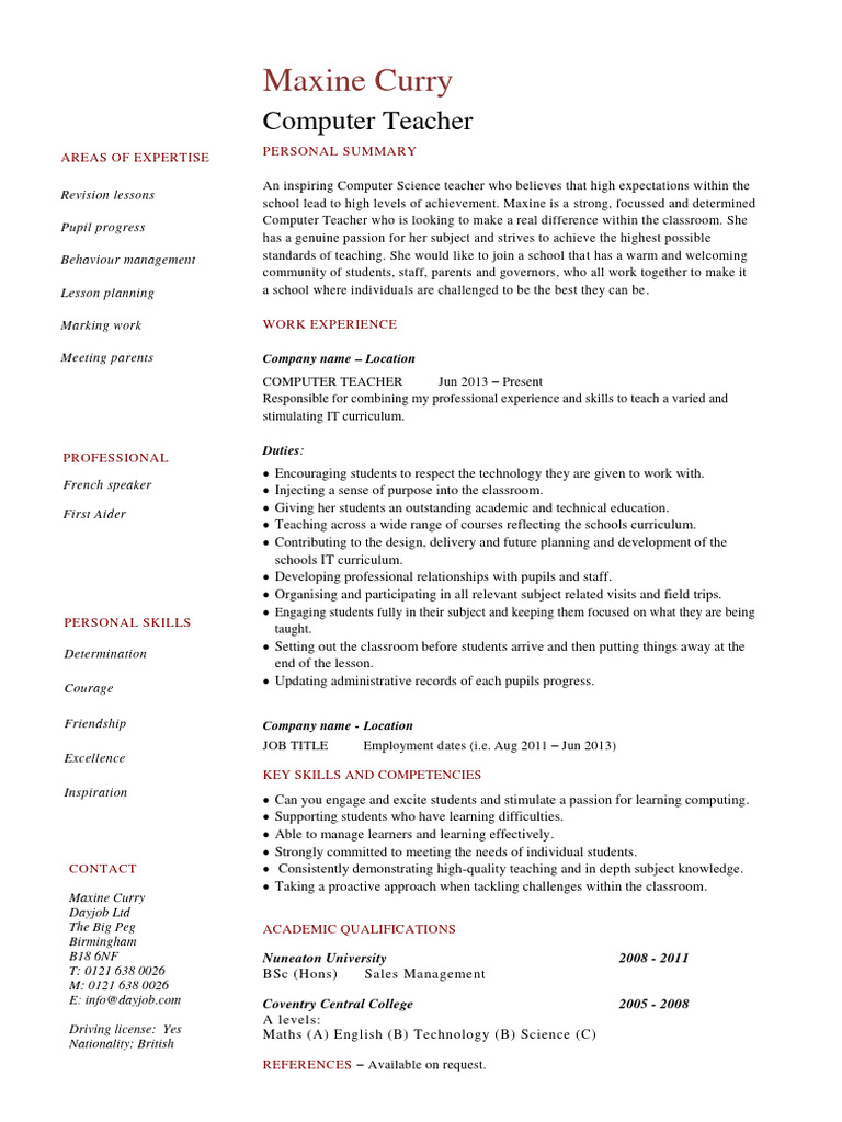 Computer Teacher Resume Template | PDF | Teachers | Curriculum