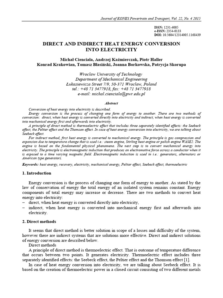 Direct and Indirect Heat Energy Conversion Into Electricity | PDF