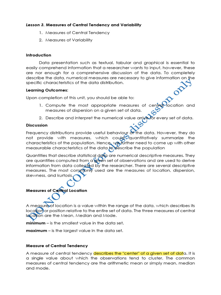 Lesson 3 Numerical and Descriptive Measures | PDF | Arithmetic Mean ...