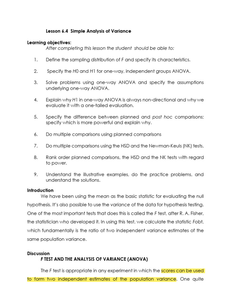 Lesson 6.4 Simple Analysis of Variance Fin | PDF | Analysis Of Variance | Statistical Hypothesis ...