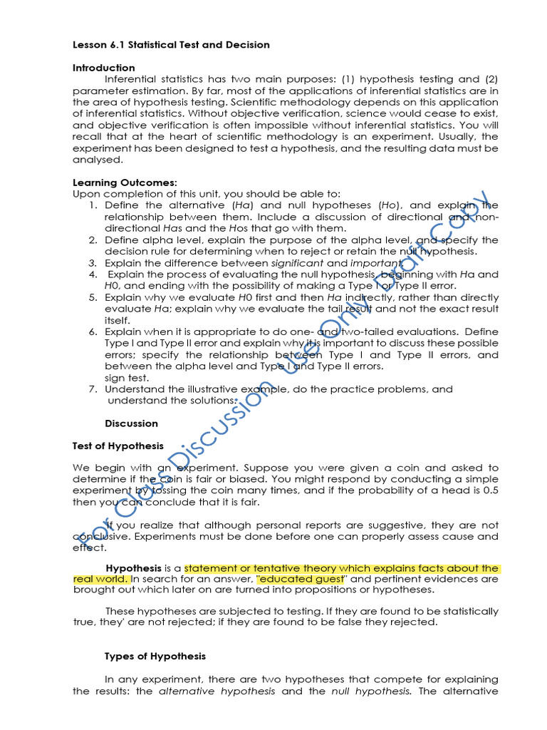 Lesson 6.1 Hypothesis Testing One Sample Test | PDF | Type I And Type ...