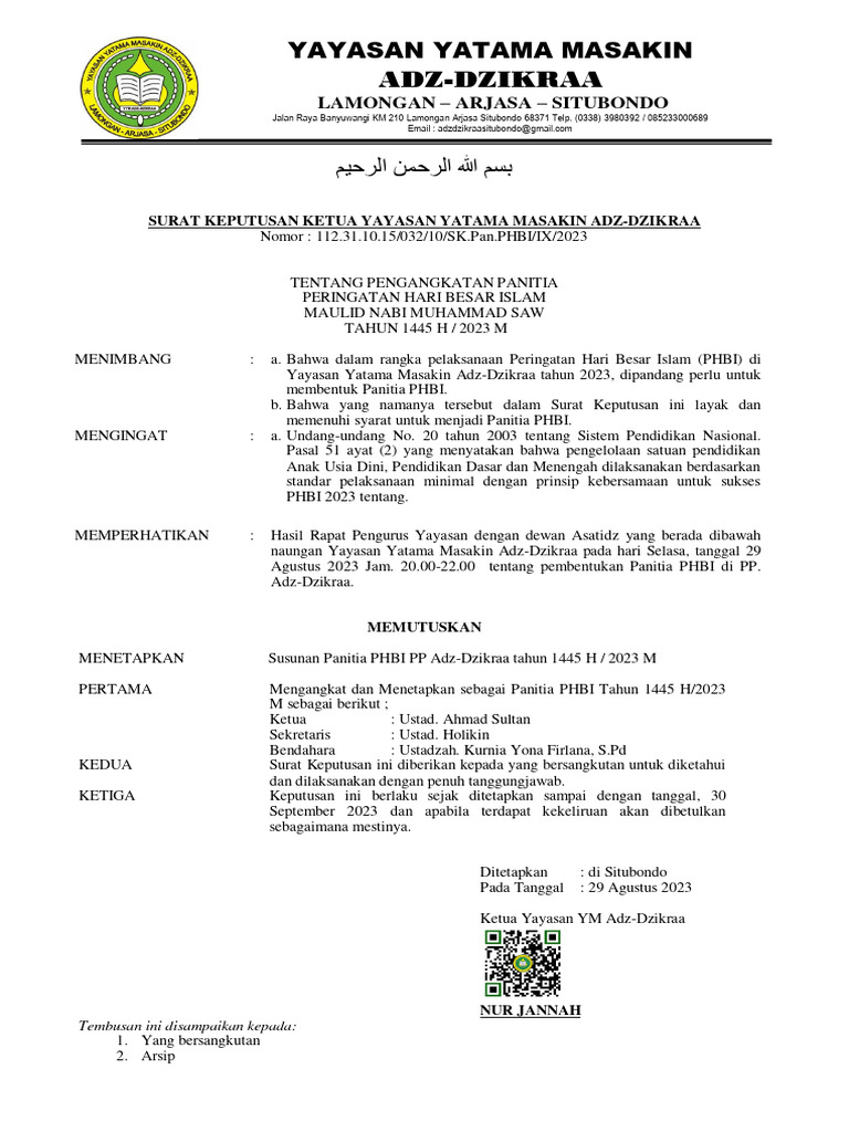 SK Pengangkatan Panitia PHBI 2023 | PDF