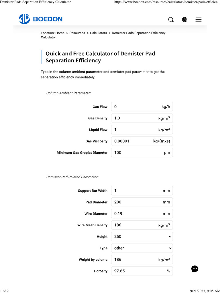 Demister Pads Separation Efficiency Calculator | PDF