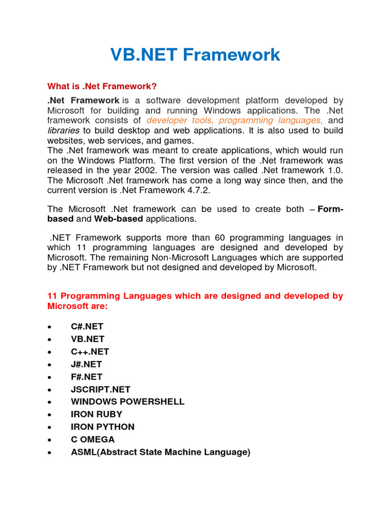 Unit 1 - Topic 1 VB - Net Framework, Architectre and Components | PDF ...