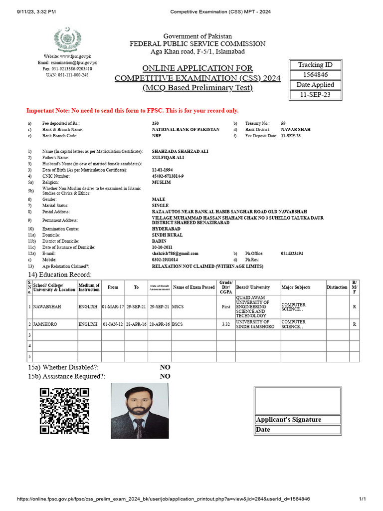 CSS MPT 2024 Application Details | PDF | Pakistan