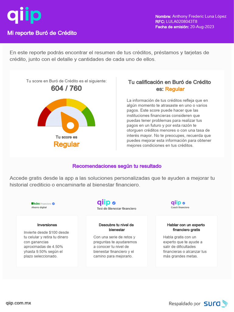 Reporte de Buró de Crédito: Anthony Luna | PDF | Crédito | Finanzas y dinero