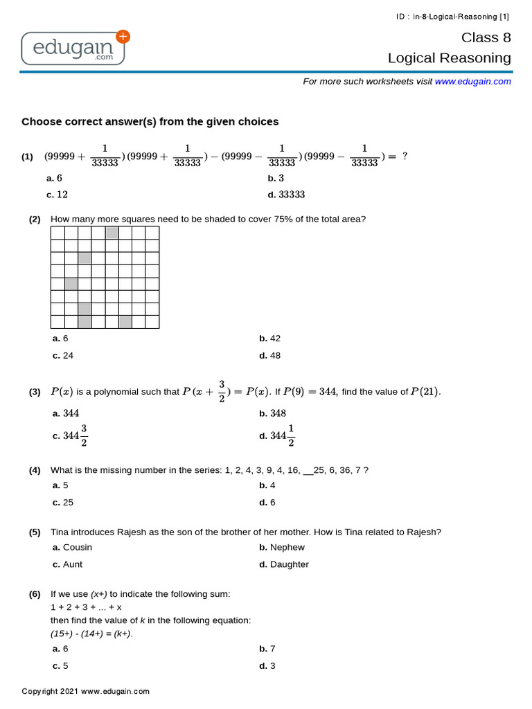 Class 8 Logical Reasoning Worksheets | PDF | Hour | Clock