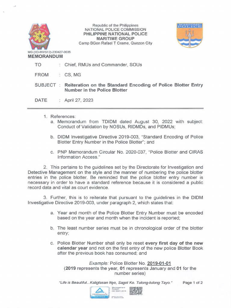 INVES - Reiteration On The Standard Encoding of Police Blotter Entry | PDF