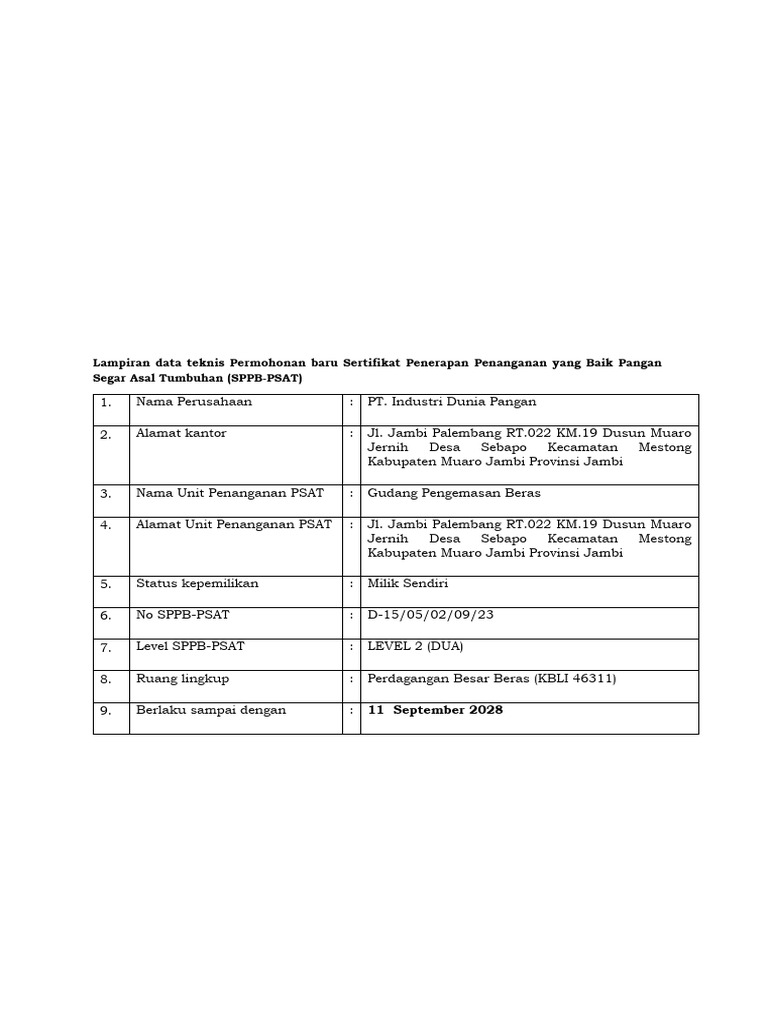 Lampiran Teknis SPPB-PSAT PT. IDP Utk PTSP | PDF