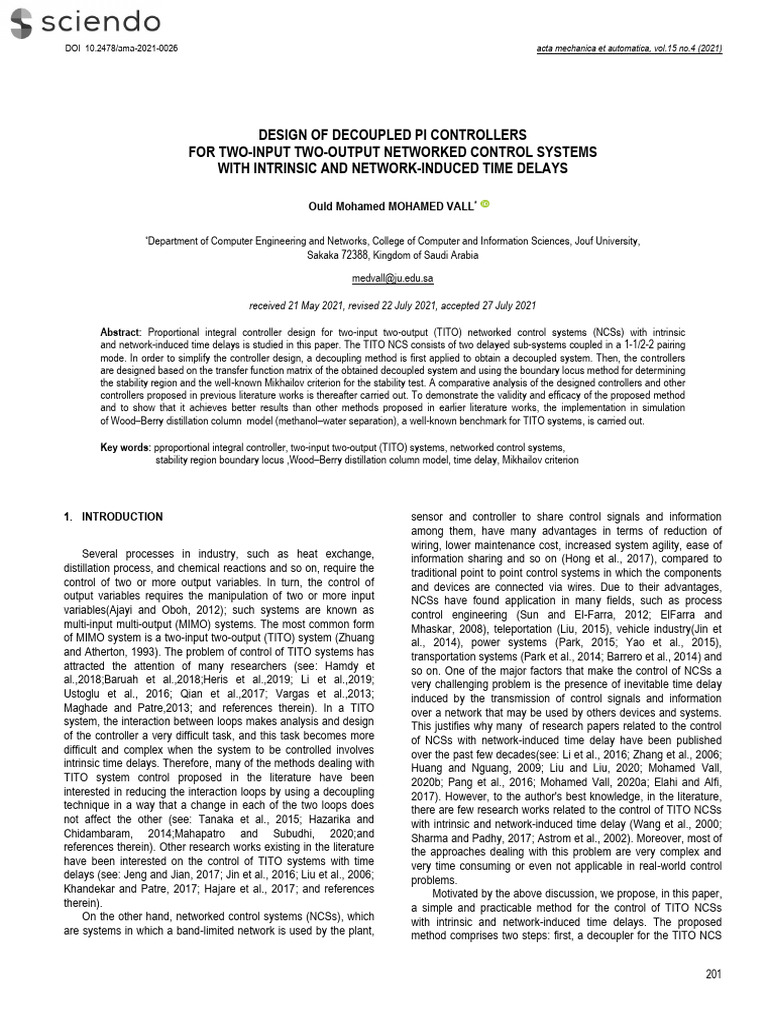 Design Of Decoupled Pi Controllers For Two Input Two Output Networked Control Systems With