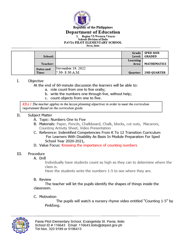 Lesson Plan: Counting 1-5 for SPED | PDF
