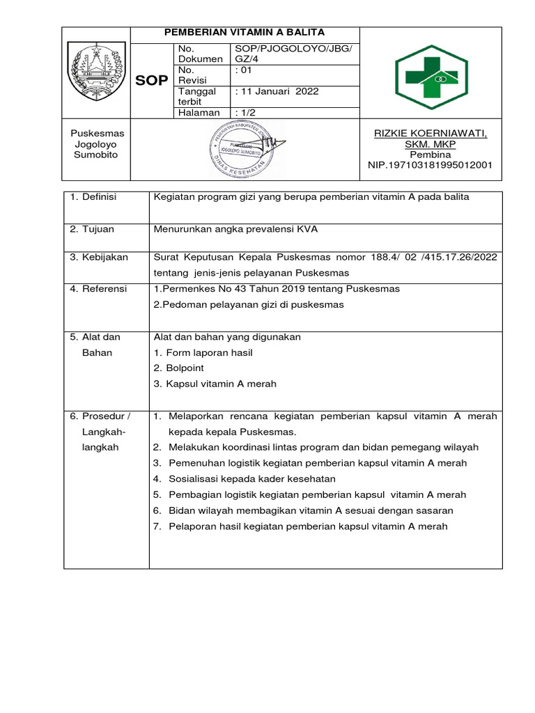 Sop Pemberian Kapsul Vitamin A Merah | PDF