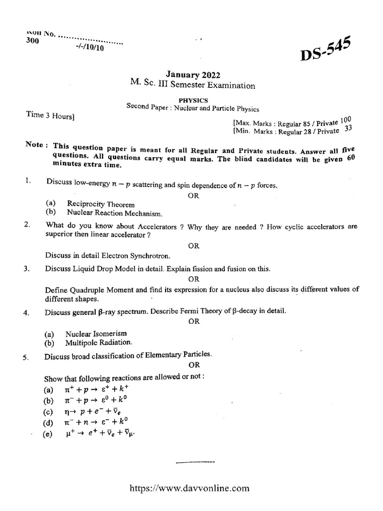 MSC 3 Sem Physics Nuclear and Particle Physics Ds 545 Jan 2022 | PDF