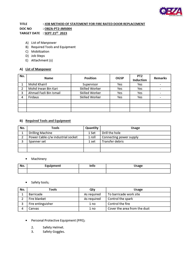 04 JMS For Replace Door | PDF | Secondary Sector Of The Economy | Equipment