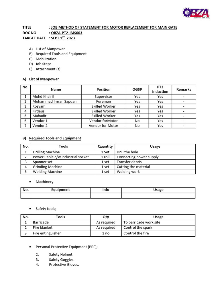 Motor Replacement Job Method Statement | PDF | Manufactured Goods ...