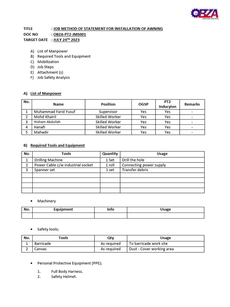 01 JMS For Installation of Awning | PDF | Equipment | Safety