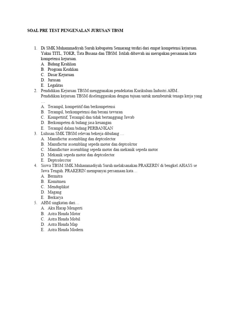 SOAL PRE TEST PENGENALAN JURUSAN TBSM | PDF