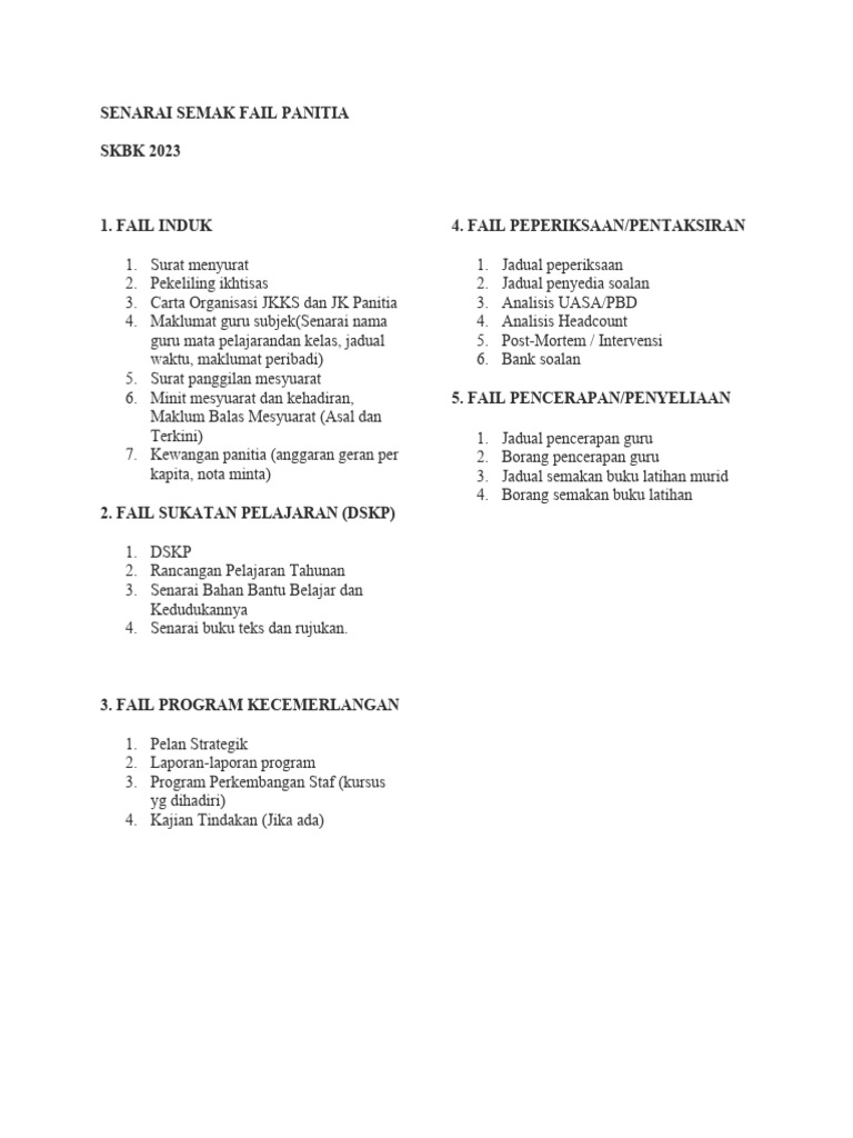 Senarai Semak Fail Panitia | PDF