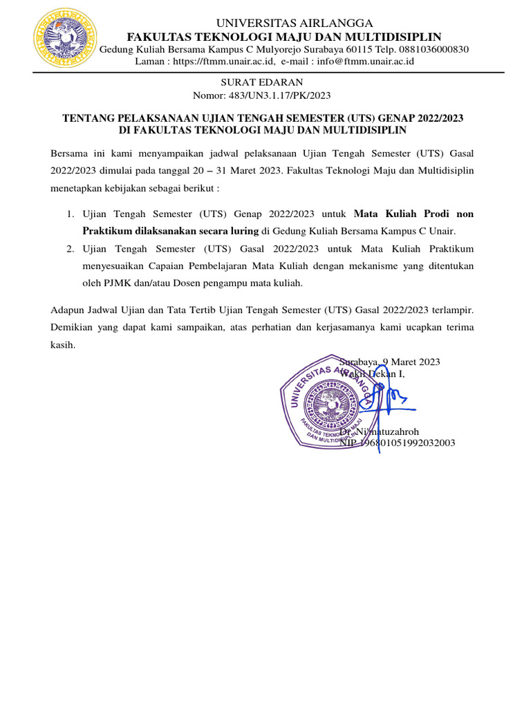 483 Edaran Pelaksanaan Dan Jadwal UTS Genap 2022-2023 | PDF