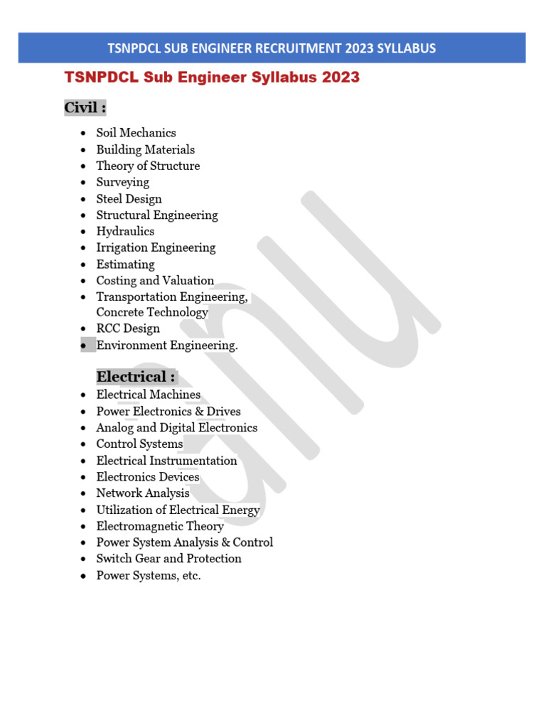 TSNPDCL Sub Engineer Syllabus 2023 | PDF