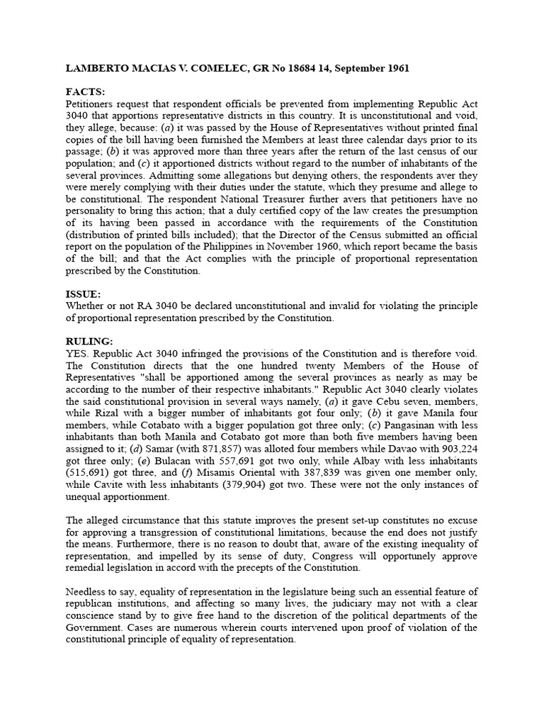 RA 3040 Unconstitutional Ruling Summary | PDF | Constitution ...