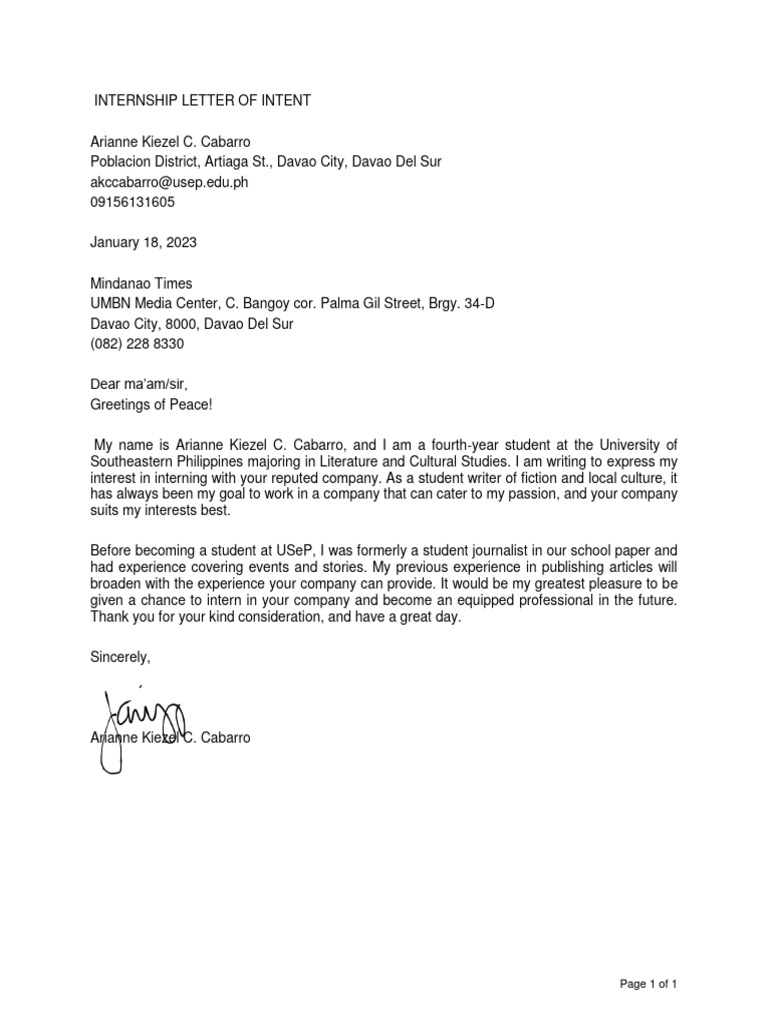 Internship Letter of Intent by Arianne Cabarro | PDF