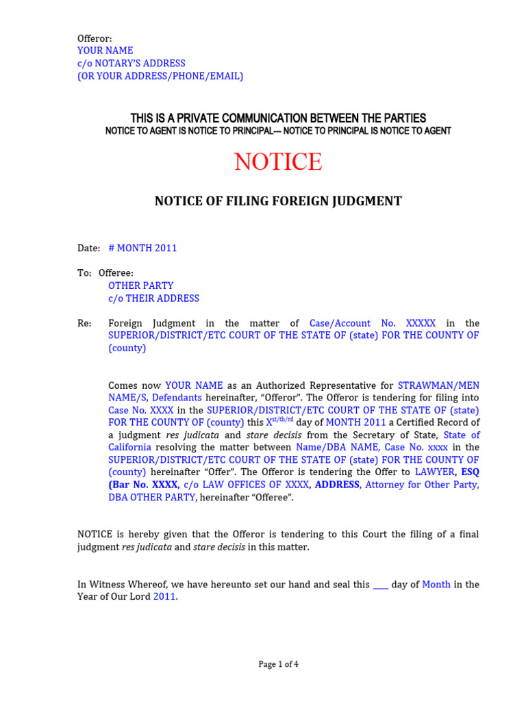 Notice of Foreign Judgment Filing | PDF | Affidavit | Civil Law (Common ...