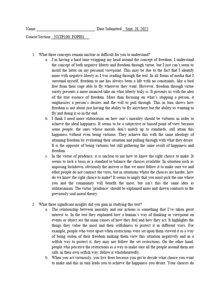 Concept of Freedom Worksheet | PDF | Free Will | Virtue