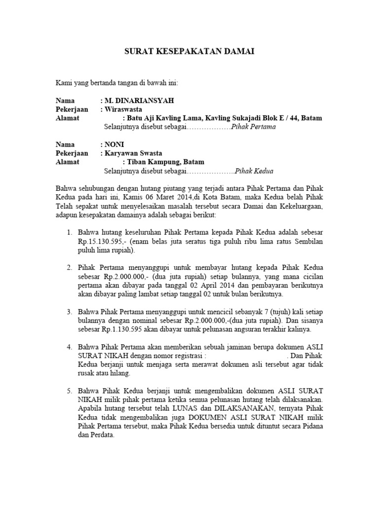 Surat Kesepakatan Damai Rian & Noni | PDF | Hukum