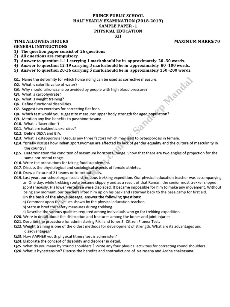 Cbse Class 12th Xii Physical Education Half Yearly Exam Sample Paper 1 ...