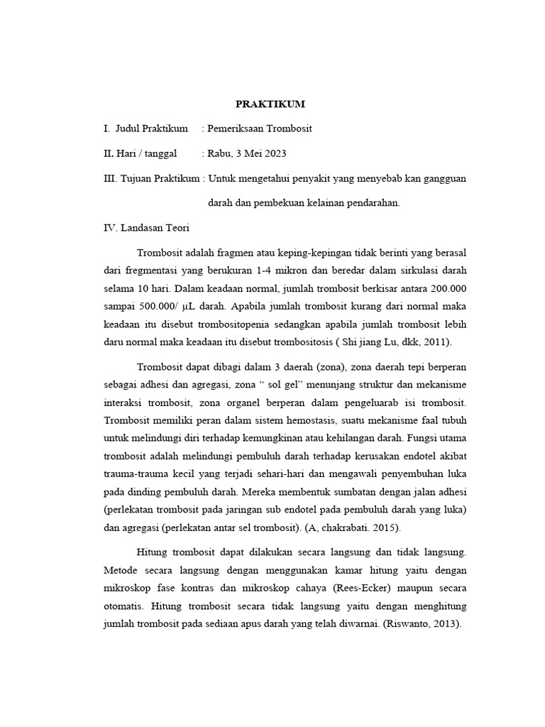 Praktikum Hematologi Trombosit | PDF