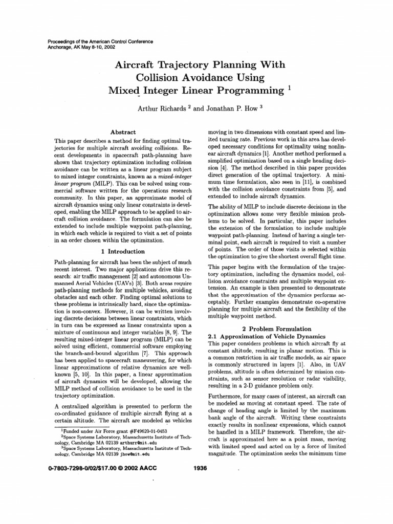 Aircraft Trajectory Planning With Collision Avoidance Using Mixed Integer Linear Programming ...
