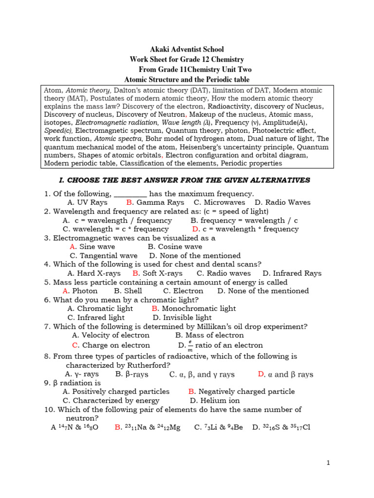Akaki Adventist School Work Sheet For Grade 12 Chemistry From Grade ...