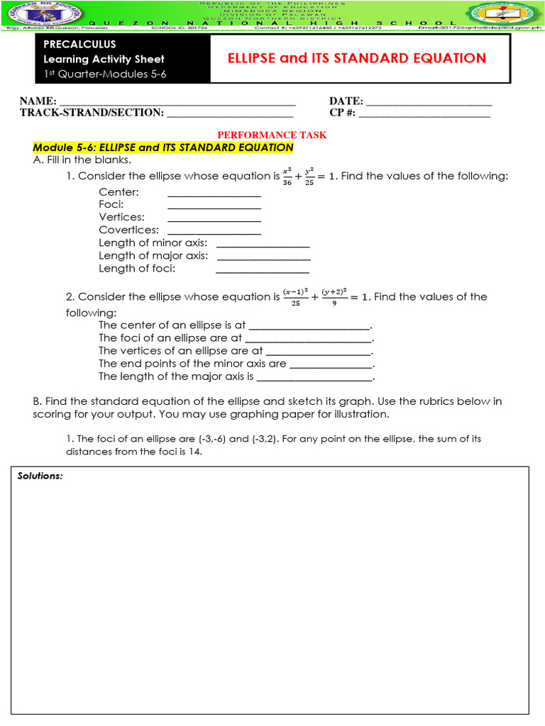 Precalculus - ANSWERSHEET Q1 M5 6 | PDF | Ellipse | Mathematical Concepts