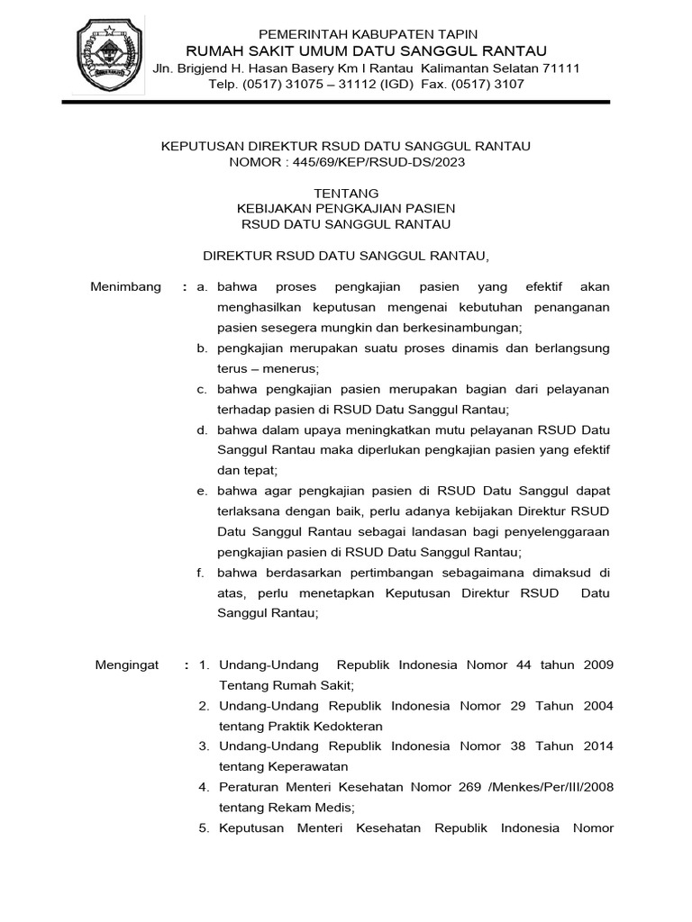 Kebijakan Pengkajian Pasien RSUD Datu Sangul | PDF