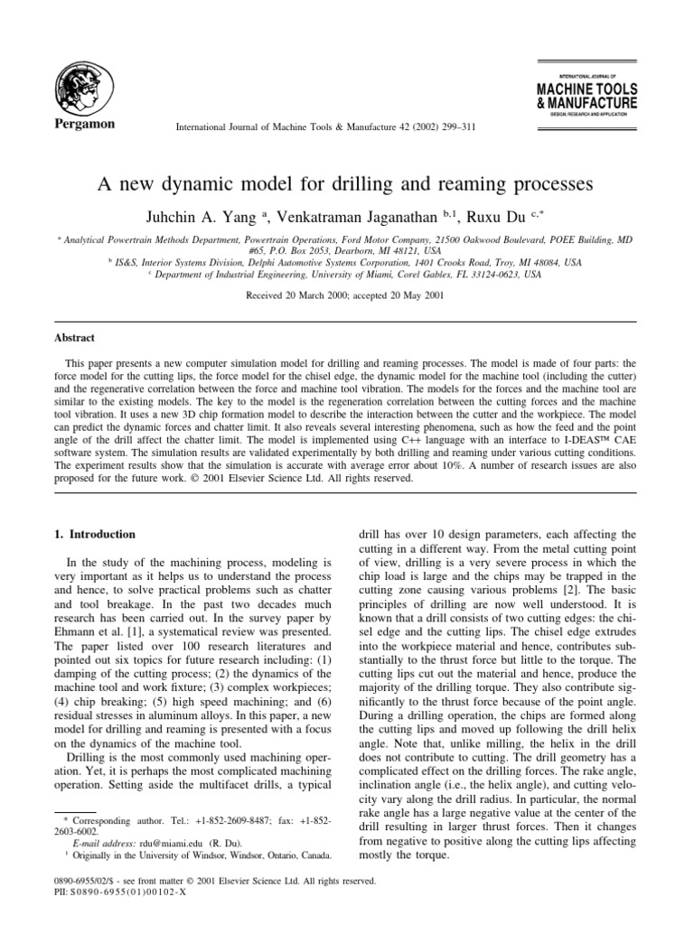 A New Dynamic Model For Drilling and Reaming Processes Yang2002 | PDF ...